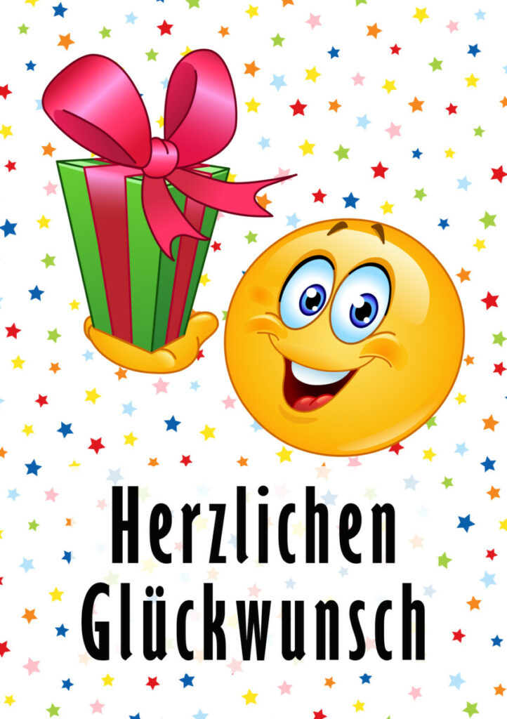 Emoji – Gruppengrußkarte mit bunten Konfettis „Herzlichen Glückwunsch ...